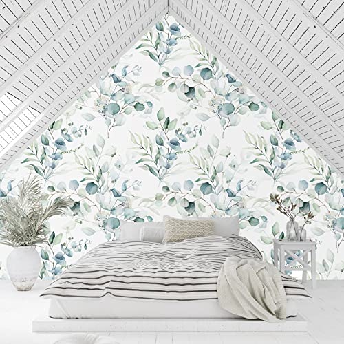 Floralplus Peel and Stick Wallpaper Boho Eucalyptus Leaf Wallpaper Removable Wallpaper Peel and Stick Floral Stick On Wallpaper for Bedroom Home Decor 17.7x118in