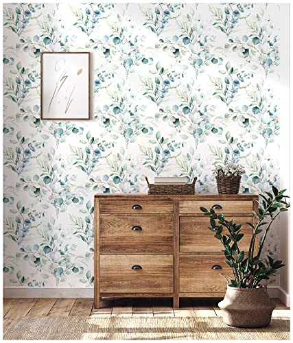 Floralplus Peel and Stick Wallpaper Boho Eucalyptus Leaf Wallpaper Removable Wallpaper Peel and Stick Floral Stick On Wallpaper for Bedroom Home Decor 17.7x118in