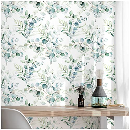 Floralplus Peel and Stick Wallpaper Boho Eucalyptus Leaf Wallpaper Removable Wallpaper Peel and Stick Floral Stick On Wallpaper for Bedroom Home Decor 17.7x118in