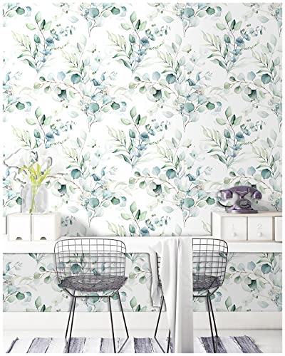 Floralplus Peel and Stick Wallpaper Boho Eucalyptus Leaf Wallpaper Removable Wallpaper Peel and Stick Floral Stick On Wallpaper for Bedroom Home Decor 17.7x118in