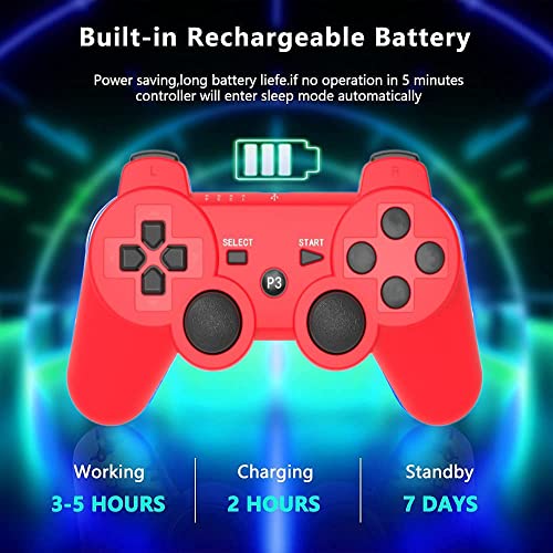 Rzzhgzq 2 Pack PS3 Wireless Controller Playstation 3 Controller Wireless Bluetooth Gamepad with USB Charger Cable for PS3 Console (Red+Green)