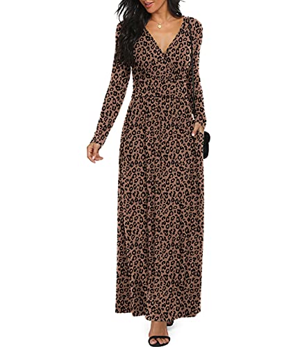 LILBETTER Women Long Sleeve Deep V Neck Loose Plain Long Maxi Casual Dress(F Leopard Deep Khaki,Large)