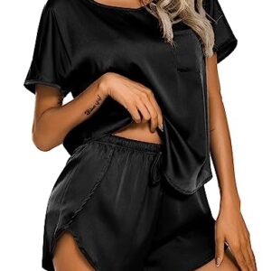 Ekouaer Silky Pajama Set for Women Satin Short Sleeve Shirt and Shorts Two Piece Loungewear Pj Set Black L