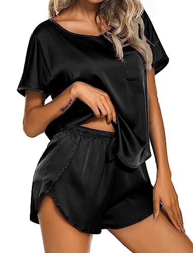 Ekouaer Silky Pajama Set for Women Satin Short Sleeve Shirt and Shorts Two Piece Loungewear Pj Set Black L