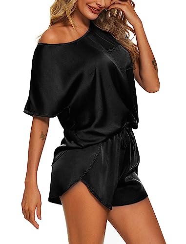 Ekouaer Silky Pajama Set for Women Satin Short Sleeve Shirt and Shorts Two Piece Loungewear Pj Set Black L