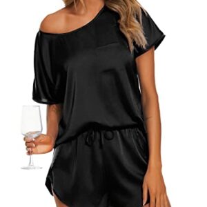 Ekouaer Silky Pajama Set for Women Satin Short Sleeve Shirt and Shorts Two Piece Loungewear Pj Set Black L