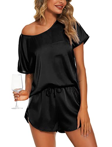 Ekouaer Silky Pajama Set for Women Satin Short Sleeve Shirt and Shorts Two Piece Loungewear Pj Set Black L