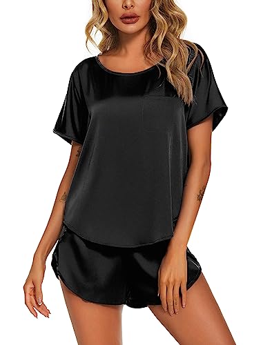 Ekouaer Silky Pajama Set for Women Satin Short Sleeve Shirt and Shorts Two Piece Loungewear Pj Set Black L