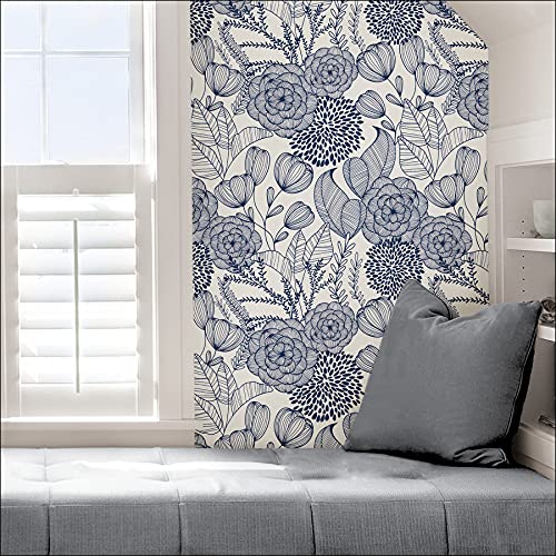 NuWallpaper NUS3830 Navy Secret Garden Peel & Stick Wallpaper, Blue