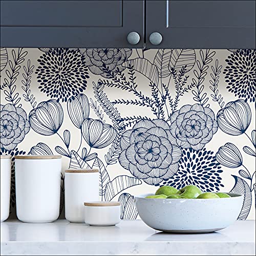 NuWallpaper NUS3830 Navy Secret Garden Peel & Stick Wallpaper, Blue