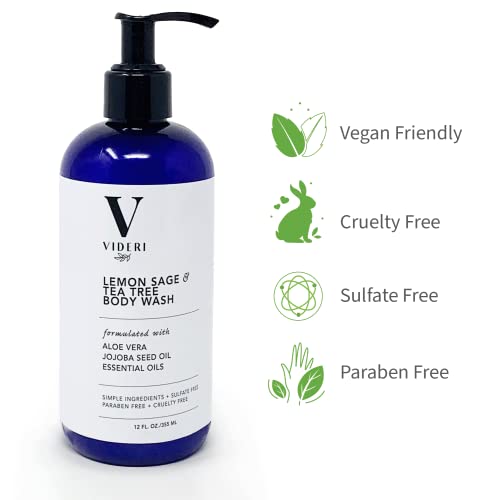 Videri Lemon Sage & Tea Tree Body Wash - Essential Oils, Aloe Vera & Jojoba - Antioxidant Rich, Gentle on Skin & Fresh Citrus Scent - Cruelty, Sulfate & Paraben Free, Vegan, Large 12 fl oz