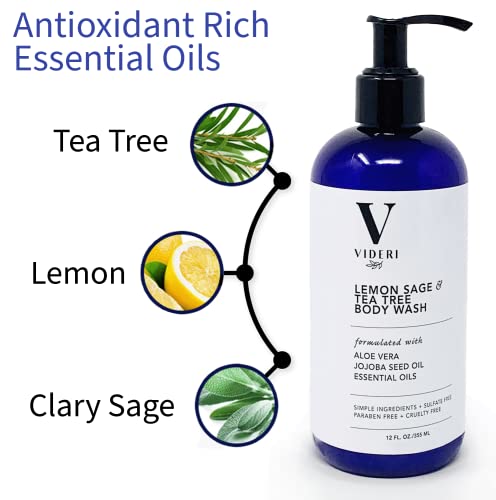 Videri Lemon Sage & Tea Tree Body Wash - Essential Oils, Aloe Vera & Jojoba - Antioxidant Rich, Gentle on Skin & Fresh Citrus Scent - Cruelty, Sulfate & Paraben Free, Vegan, Large 12 fl oz