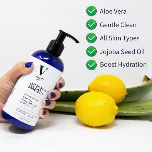 Videri Lemon Sage & Tea Tree Body Wash - Essential Oils, Aloe Vera & Jojoba - Antioxidant Rich, Gentle on Skin & Fresh Citrus Scent - Cruelty, Sulfate & Paraben Free, Vegan, Large 12 fl oz