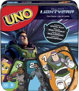 mattel games uno disney and pixar lightyear card game, travel game with movie-themed deck in collectible tin for 2-10 players