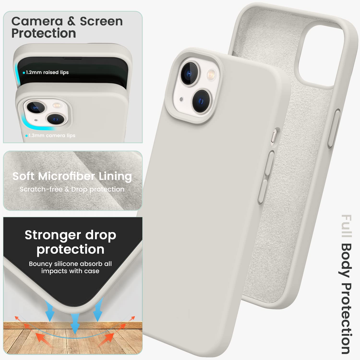 RAIZUS iPhone 13 Case, Silicone Phone Case with Slim Shockproof Soft Anti-Scratch Microfiber Lining, 6.14 inch, White Stone