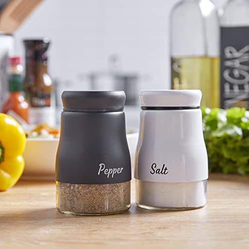 Salt and Pepper Shakers Set, Bivvclaz 5 Ounce Stainless Steel Salt and Pepper Dispenser with Glass Bottom, Cute Salt and Pepper Shakers for Modern Home Kitchen Decor, Easy Filling