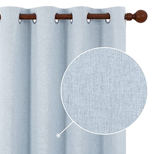 Deconovo Faux Linen Total Blackout Curtains 63 Inches Length, Light Blue, Grommet Thermal Insulated Curtain, Noise Reduction Draperies for Bedroom Living Room, 52" W x 63" L, 1 Pair