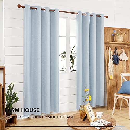 Deconovo Faux Linen Total Blackout Curtains 63 Inches Length, Light Blue, Grommet Thermal Insulated Curtain, Noise Reduction Draperies for Bedroom Living Room, 52" W x 63" L, 1 Pair