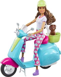 barbie fashionistas doll and scooter, travel playset with stickers, pet puppy and themed accessories like map and camera (amazon exclusive)