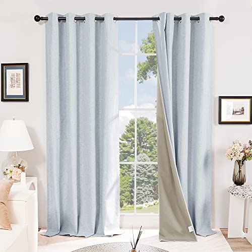 Deconovo Faux Linen Total Blackout Curtains, Grommet Thermal Insulated Curtain, Extra Long Draperies for Bedroom (Light Blue, 52x108 Inch, 1 Pair)