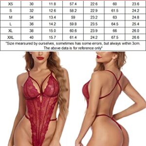 Avidlove Women Lingerie Sexy Deep V Lace Bodysuit Strappy One Piece Teddy Babydoll Dark Red XX-Large