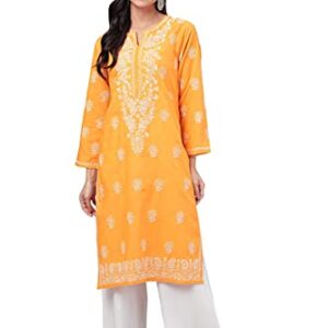 Ada Traditional Handcrafted Indian Chikankari Women's Cotton Kurta Kurti Tunic XS196540 Mustard