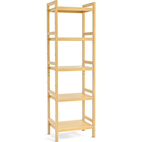 Homykic Bamboo Bookshelf, 5-Tier Narrow 55.9” Adjustable Book Shelf Bookcase Bathroom Shelves Freestanding Storage Stand for Living Room, Bedroom, Kitchen, Rust Resistance, Easy Assembly, Natural