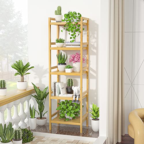 Homykic Bamboo Bookshelf, 5-Tier Narrow 55.9” Adjustable Book Shelf Bookcase Bathroom Shelves Freestanding Storage Stand for Living Room, Bedroom, Kitchen, Rust Resistance, Easy Assembly, Natural