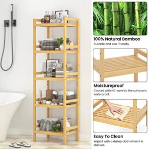 Homykic Bamboo Bookshelf, 5-Tier Narrow 55.9” Adjustable Book Shelf Bookcase Bathroom Shelves Freestanding Storage Stand for Living Room, Bedroom, Kitchen, Rust Resistance, Easy Assembly, Natural