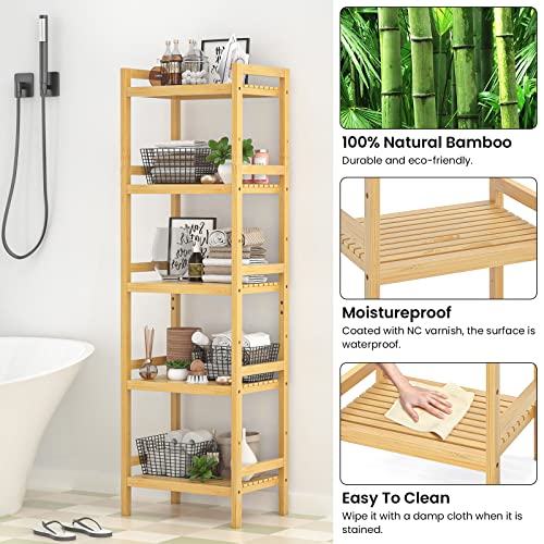 Homykic Bamboo Bookshelf, 5-Tier Narrow 55.9” Adjustable Book Shelf Bookcase Bathroom Shelves Freestanding Storage Stand for Living Room, Bedroom, Kitchen, Rust Resistance, Easy Assembly, Natural