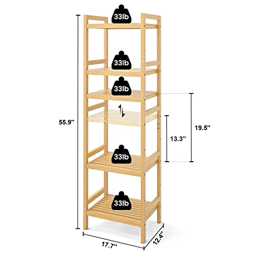 Homykic Bamboo Bookshelf, 5-Tier Narrow 55.9” Adjustable Book Shelf Bookcase Bathroom Shelves Freestanding Storage Stand for Living Room, Bedroom, Kitchen, Rust Resistance, Easy Assembly, Natural