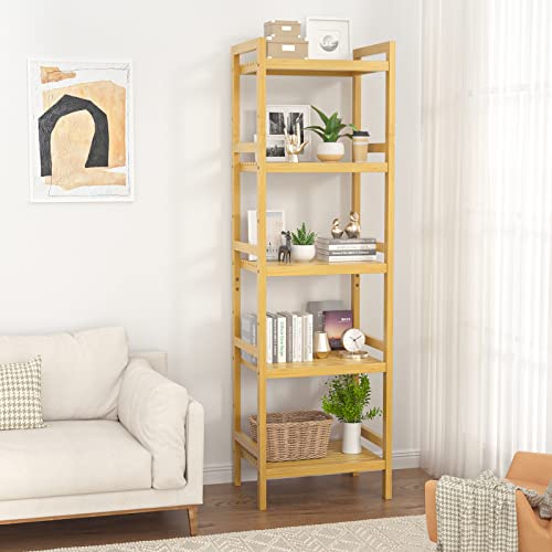 Homykic Bamboo Bookshelf, 5-Tier Narrow 55.9” Adjustable Book Shelf Bookcase Bathroom Shelves Freestanding Storage Stand for Living Room, Bedroom, Kitchen, Rust Resistance, Easy Assembly, Natural