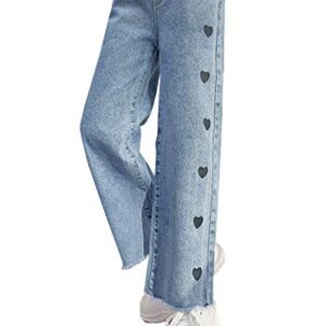 NABER Kids Girls' Casual Elastic Waist Denim Pants Heart Pattern Wide Leg Fashion Jeans Age 4-14 Years (14-15 Years) Blue