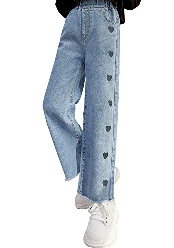 NABER Kids Girls' Casual Elastic Waist Denim Pants Heart Pattern Wide Leg Fashion Jeans Age 4-14 Years (14-15 Years) Blue