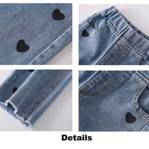 NABER Kids Girls' Casual Elastic Waist Denim Pants Heart Pattern Wide Leg Fashion Jeans Age 4-14 Years (14-15 Years) Blue