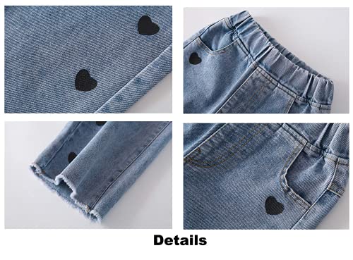 NABER Kids Girls' Casual Elastic Waist Denim Pants Heart Pattern Wide Leg Fashion Jeans Age 4-14 Years (14-15 Years) Blue