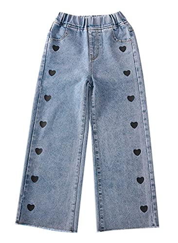 NABER Kids Girls' Casual Elastic Waist Denim Pants Heart Pattern Wide Leg Fashion Jeans Age 4-14 Years (14-15 Years) Blue