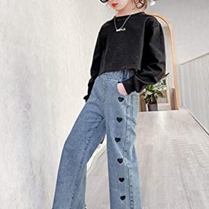 NABER Kids Girls' Casual Elastic Waist Denim Pants Heart Pattern Wide Leg Fashion Jeans Age 4-14 Years (14-15 Years) Blue