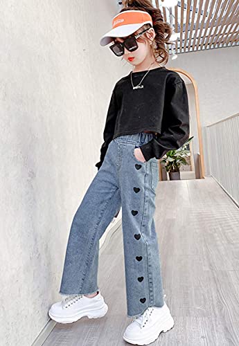 NABER Kids Girls' Casual Elastic Waist Denim Pants Heart Pattern Wide Leg Fashion Jeans Age 4-14 Years (14-15 Years) Blue