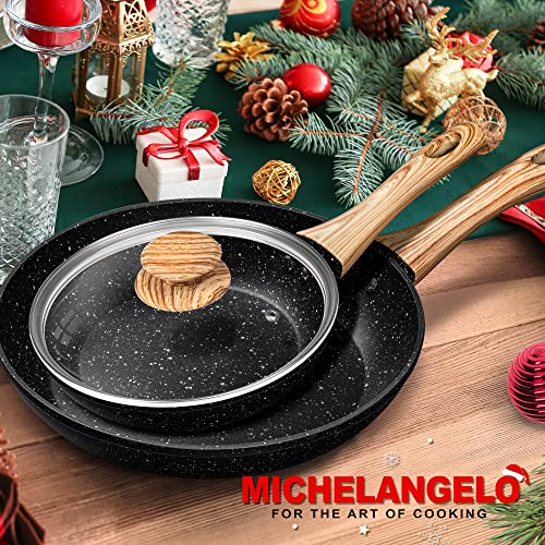 MICHELANGELO Frying Pan Set, Frying Pans Nonstick, Non Stick Frying Pan Set with Bakelite Handle, Nonstick Pans Set, Stone Skillets 2 Piece, frying pan set with lids, 8"+10" Stone Frying Pans