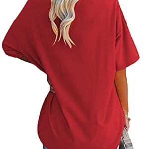 Women's Christmas Buffalo Plaid Reindeer Print Oversized T Shirts V Neck Tees Half Sleeve Merry Christmas Tunic