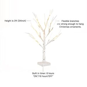 MEETYAMOR 2 Pack 24” 2FT Lighted Birch Tree with 18LT Warm White LEDs, Christmas Decorations Indoor Battery Powered Timer, Artificial Branch Trees for Money Tree Party Wedding Table Mantel Home Decor