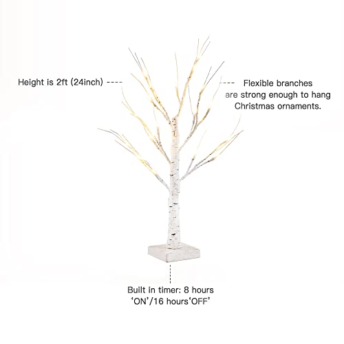 MEETYAMOR 2 Pack 24” 2FT Lighted Birch Tree with 18LT Warm White LEDs, Christmas Decorations Indoor Battery Powered Timer, Artificial Branch Trees for Money Tree Party Wedding Table Mantel Home Decor