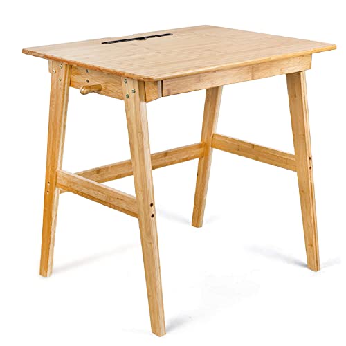 Dicunoy Writing Computer Desk with Drawer, 31" Small Simple Bamboo Table, Home Office Compact Sturdy Wooden Desk Furniture for Compact Apartmet, Bedroom, Study, Dormitory, Vanity, Workstation