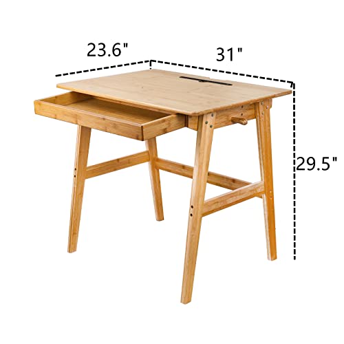 Dicunoy Writing Computer Desk with Drawer, 31" Small Simple Bamboo Table, Home Office Compact Sturdy Wooden Desk Furniture for Compact Apartmet, Bedroom, Study, Dormitory, Vanity, Workstation