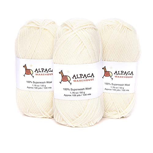 100% Pure Wool Yarn Superwash Set of 3 Skeins (150 Grams) DK Weight - Sourced Directly from Peru - Heavenly Soft and Perfect for Knitting and Crocheting (Jasmine White)