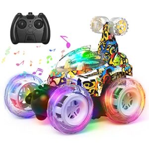 kizeefun rc stunt car invincible 360°rolling twister with colorful lights & music switch, rechargeable remote control car for boys and girls