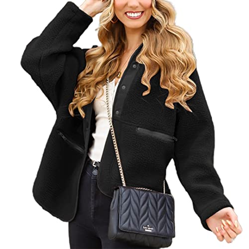 PRETTYGARDEN Women 2023 Fall Fleece Jacket Long Sleeve Casual Winter Lapel Button Fuzzy Sherpa Coats Outerwear with Pockets (Black, Medium)