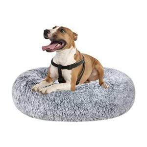 poohoo calming faux fur donut cuddler dog bed,washable round cat bed pillow cuddler gradient color(23"/30") for small medium large dogs (xl 36", grey)