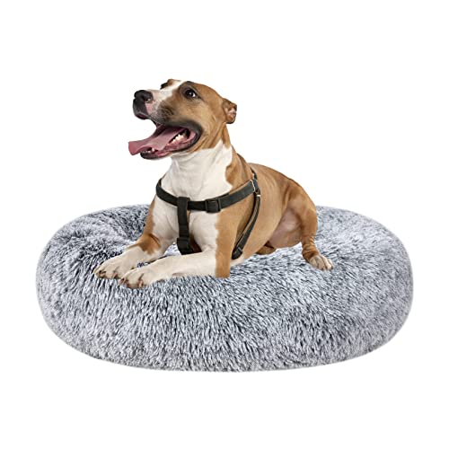 Poohoo Calming Faux Fur Donut Cuddler Dog Bed,Washable Round Cat Bed Pillow Cuddler Gradient Color(23"/30") for Small Medium Large Dogs (XL 36", Grey)